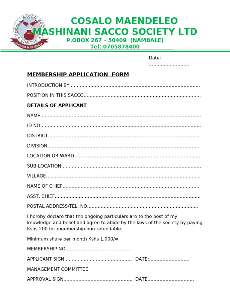 Mashinani Sacco Membership Form | PDF
