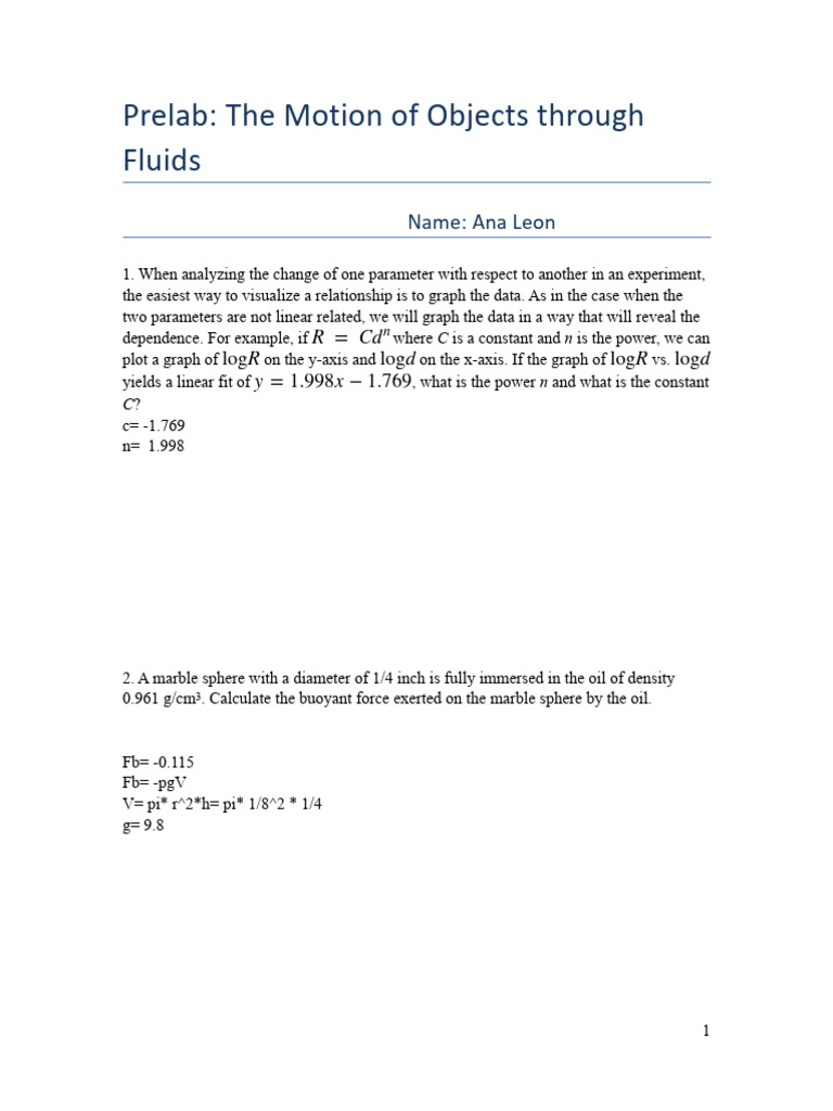 Prelab The Motion of Objects Through Fluids | PDF