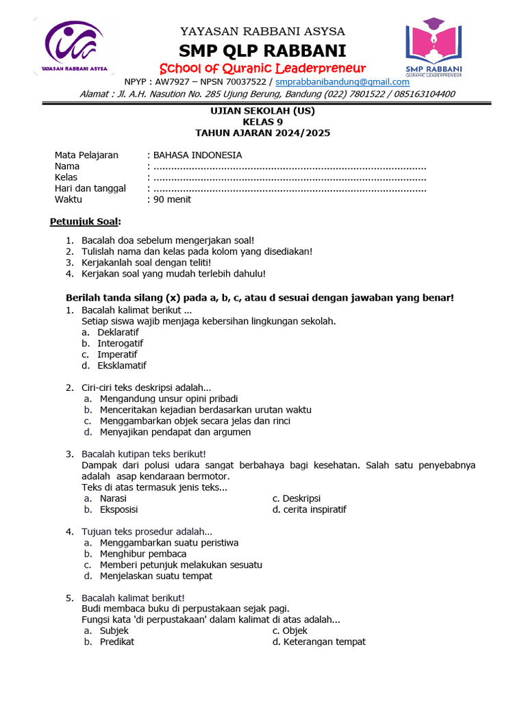 Try Out Bahasa Indonesia 2024-2025 | PDF