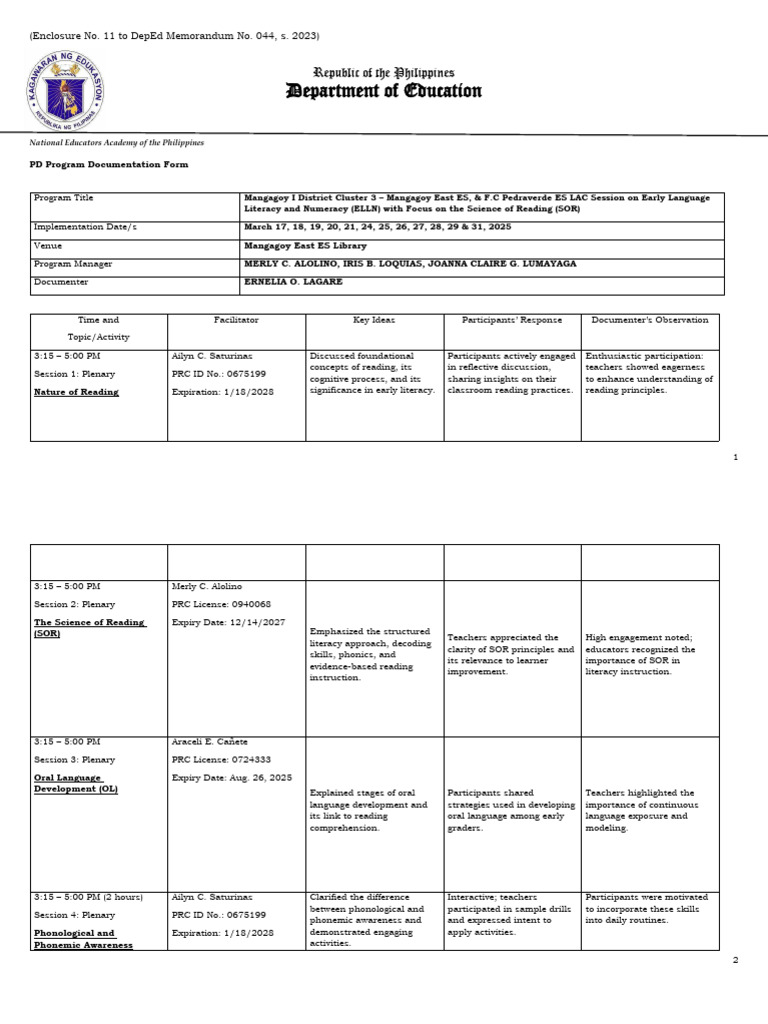 Enclosure No. 11 PD Program Documentation Form ELLN_SOR | PDF | Reading ...