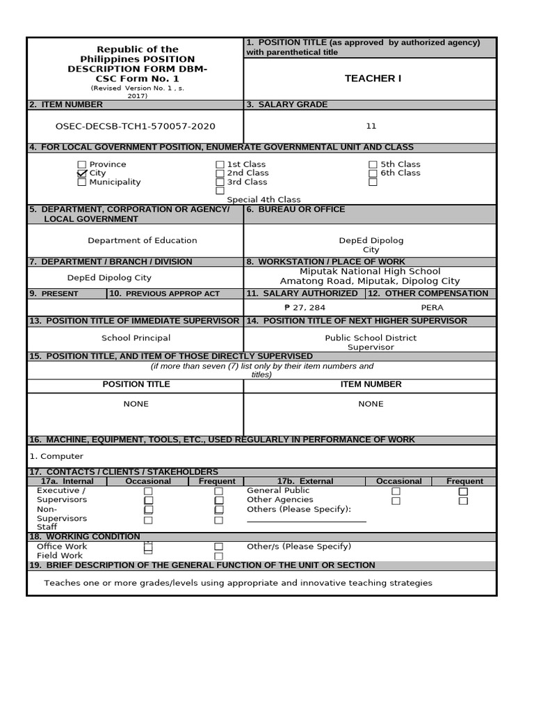 Teacher I Position Description | PDF | Teachers | Lesson Plan