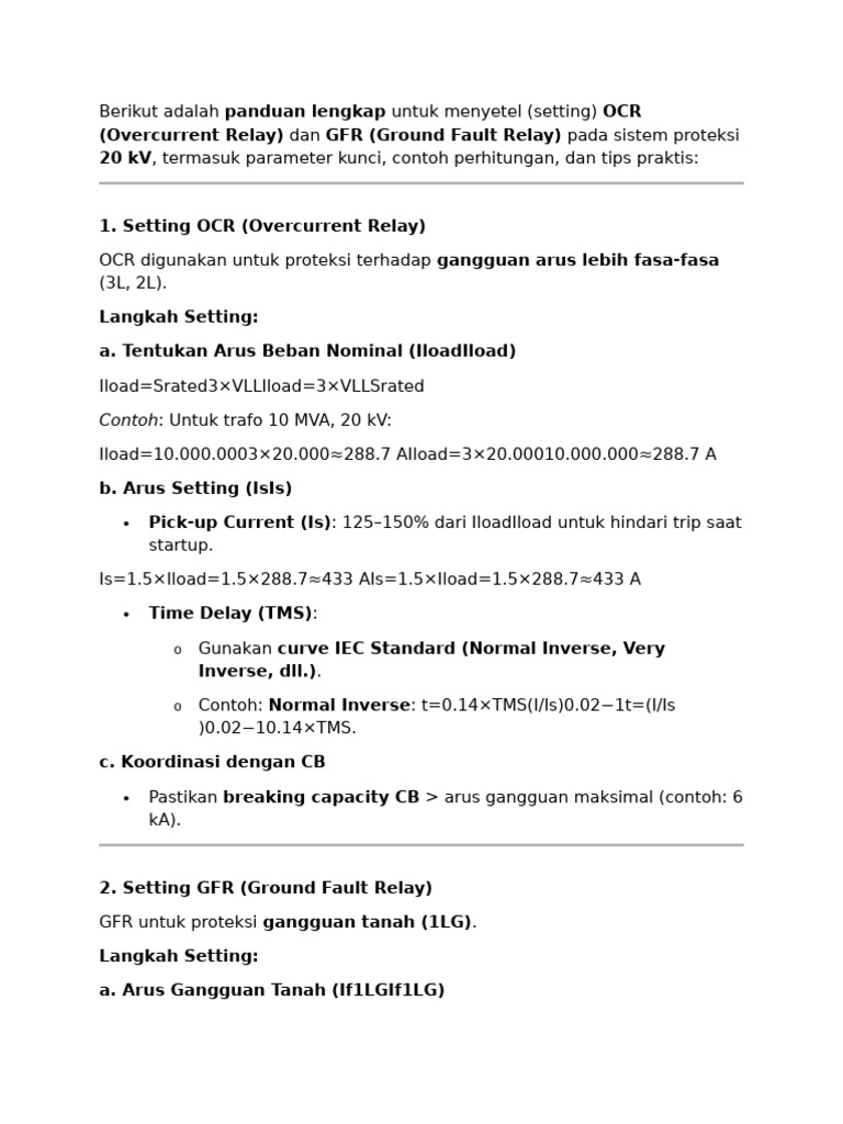 Panduan Setting OCR dan GFR 20 kV | PDF