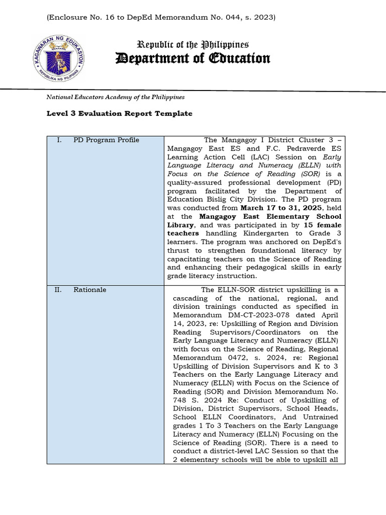 Enclosure No. 16 Level 3 Evaluation Report ELLN SOR | PDF | Teachers ...