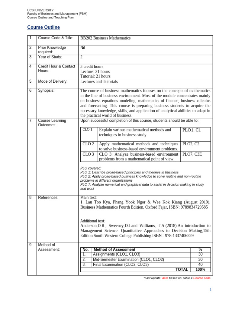 BB202 new teaching plan Jan 2023 | PDF | Mathematics | Forecasting