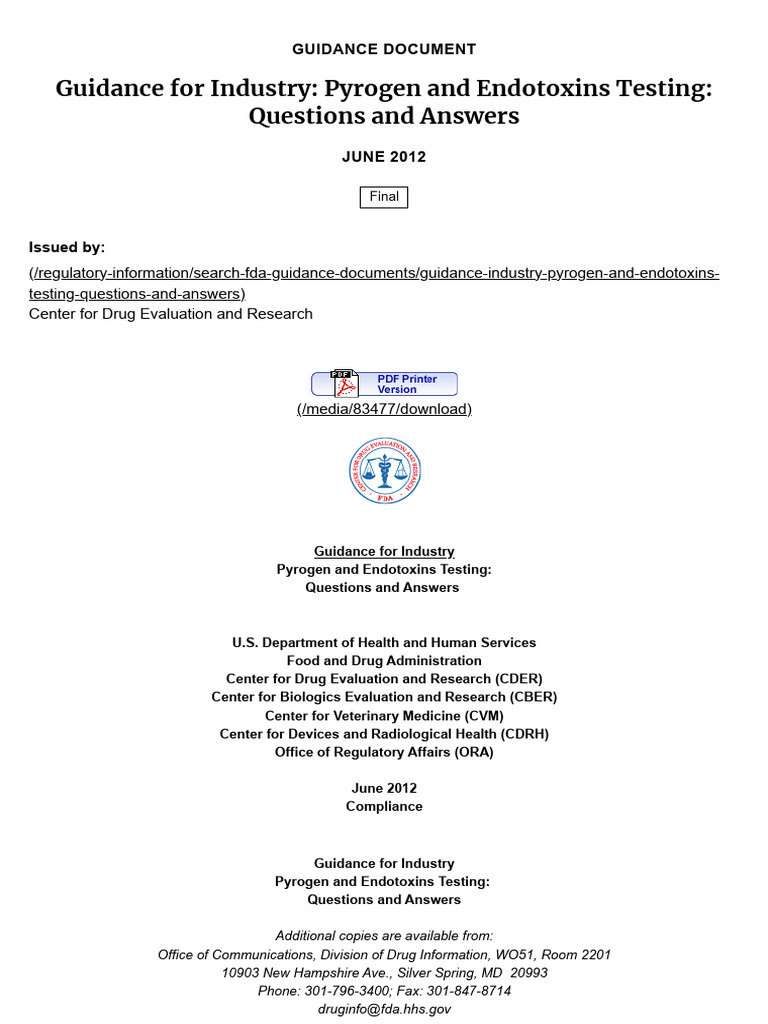 Guidance For Industry - Pyrogen and Endotoxins Testing - QA FDA | PDF ...