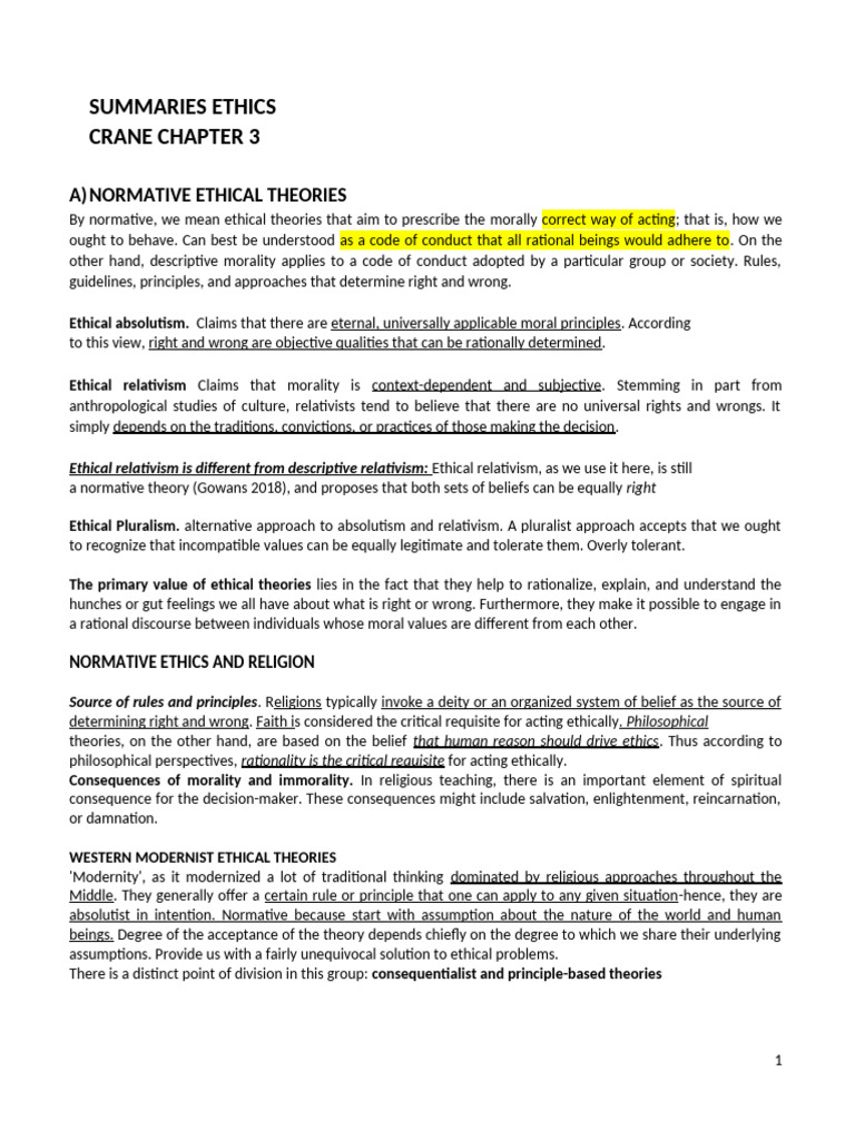 SUMMARIES ETHICS | PDF | Utilitarianism | Morality