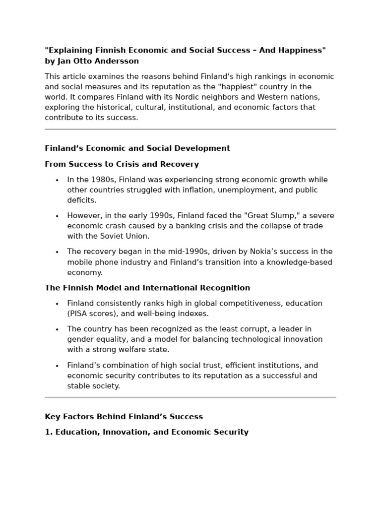 Explaining Finnish Economic and Social Success | PDF | Finland | Nordic ...