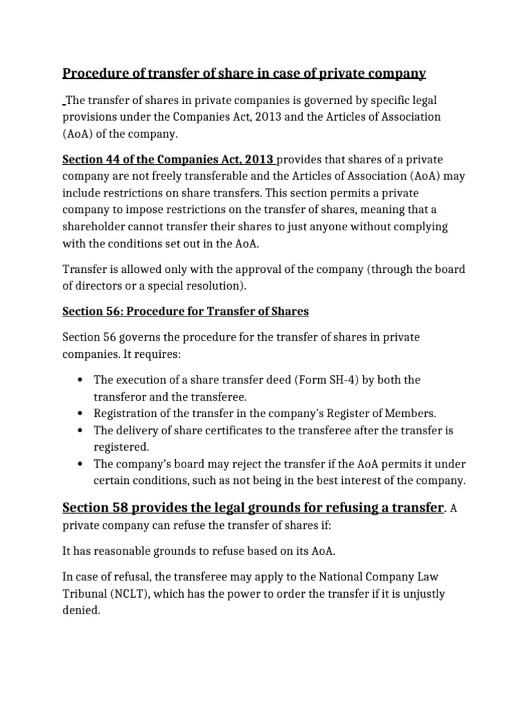 Procedure of Transfer of Share in Case of Private Company | PDF ...