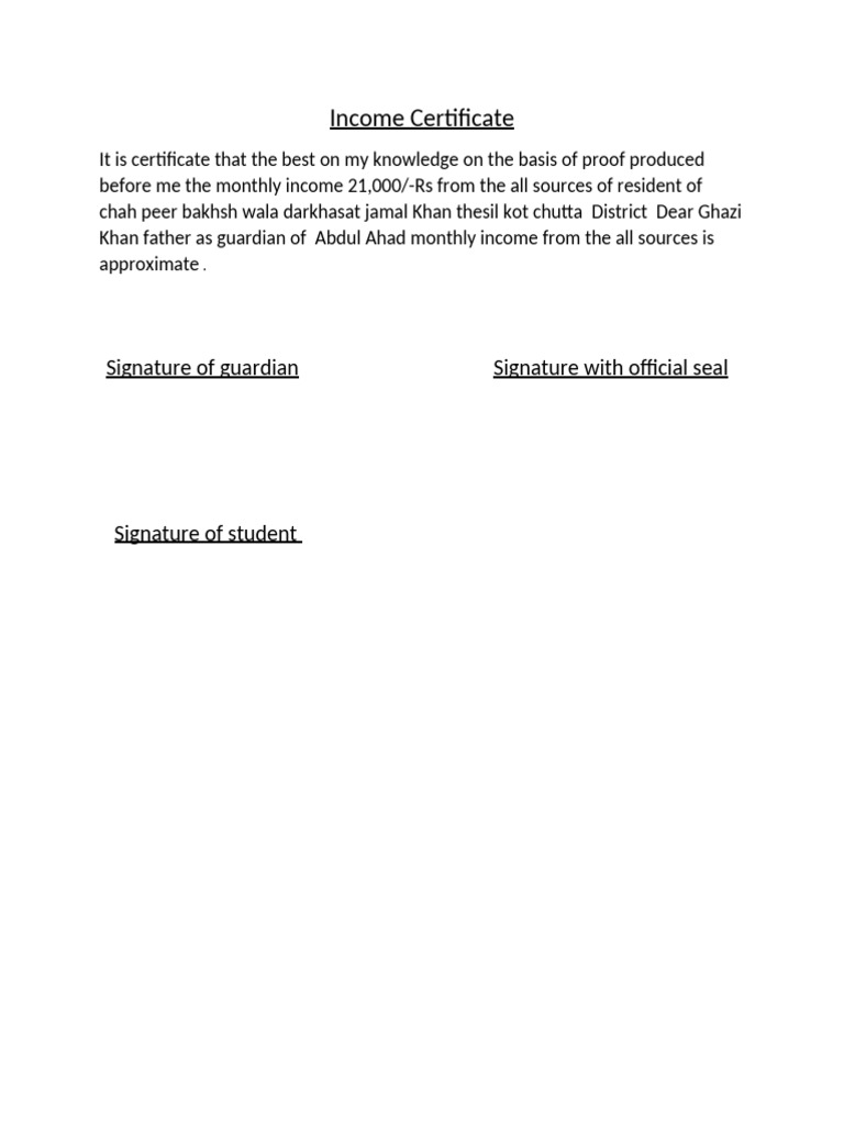 Income Certificate for Abdul Ahad | PDF