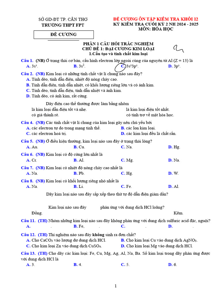 (K12-CK2) Đề Cương Môn Hoá Học | PDF