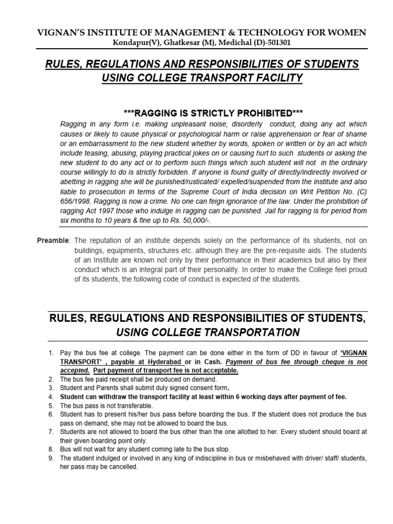 College Transport Rules and Responsibilities | PDF | Payments | Justice