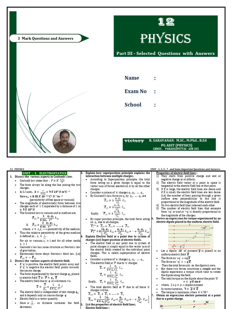 12th Grade Physics Q&A: Electrostatics | PDF | Electric Field | Waves