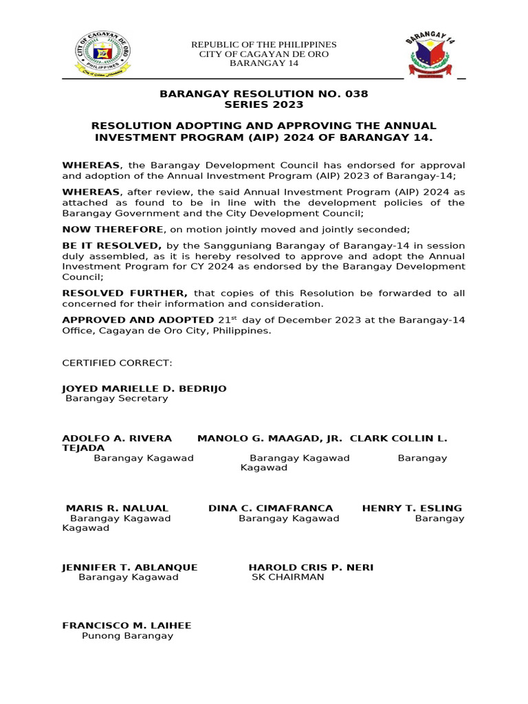 Resolution Approving Aip 2024 | PDF