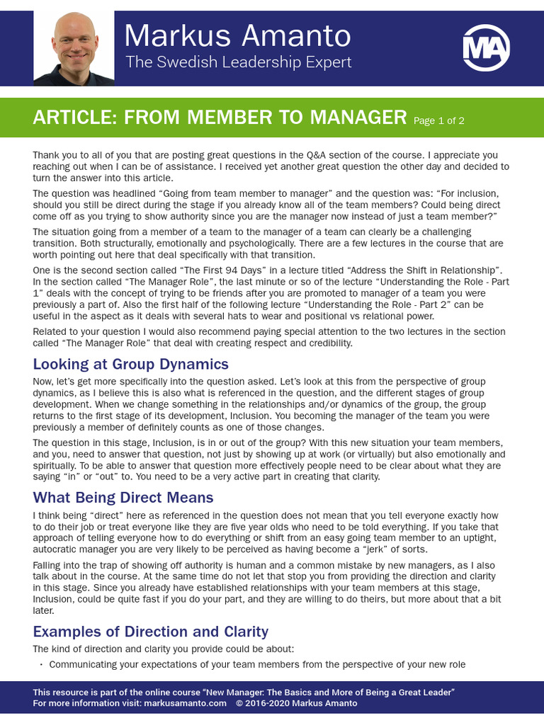 Transitioning from Team Member to Manager | PDF | Leadership | Cognition