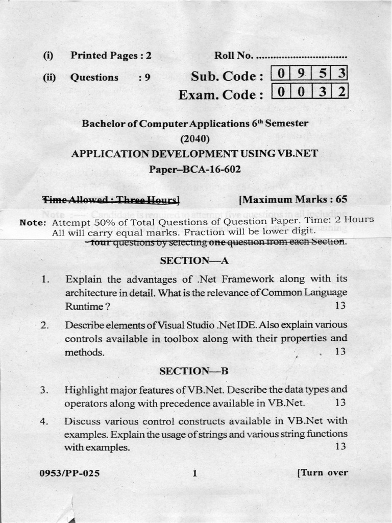 BCA Sem-VI Application Development Using VB.net Paper-BCA-16-602 | PDF