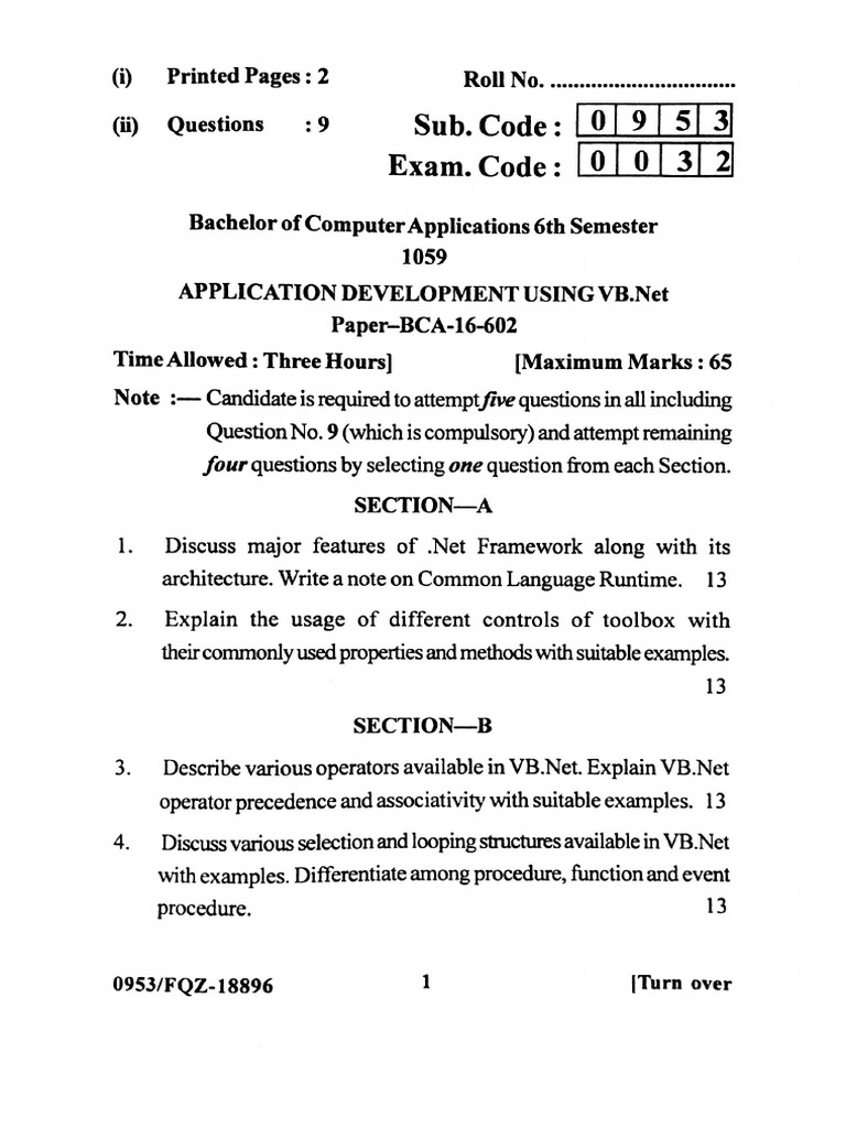 BCA_6th Sem_Application Development Using VB.net_BCA-16-602_May 2019 | PDF