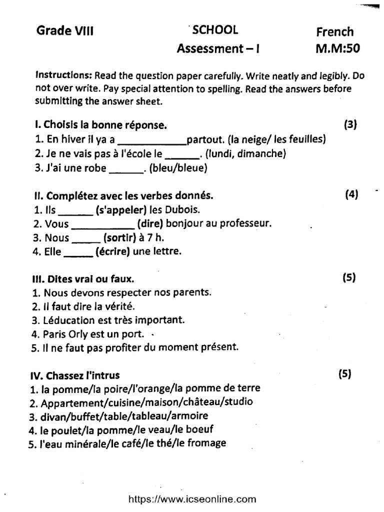 Icse Class 8 Assessment 1 French 150323 2023 | PDF