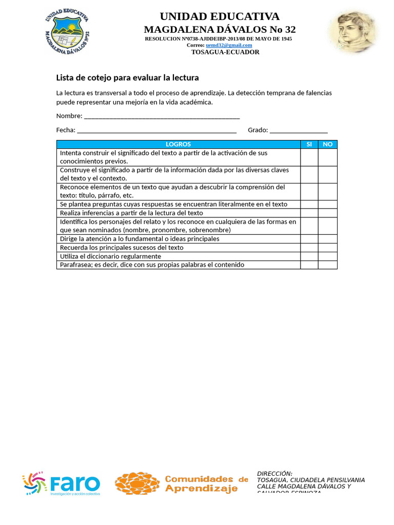 Lista de Cotejo para Evaluar Lectura | PDF