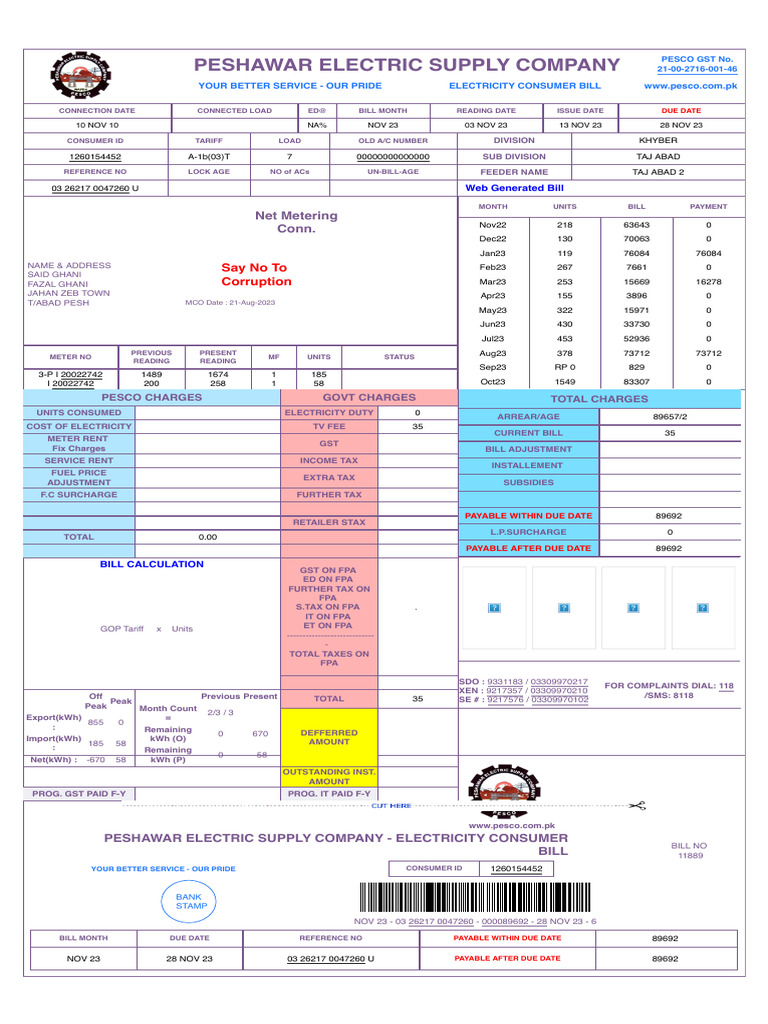 PESCO Electricity Bill Summary Nov 2023 | PDF | Taxes | Value Added Tax