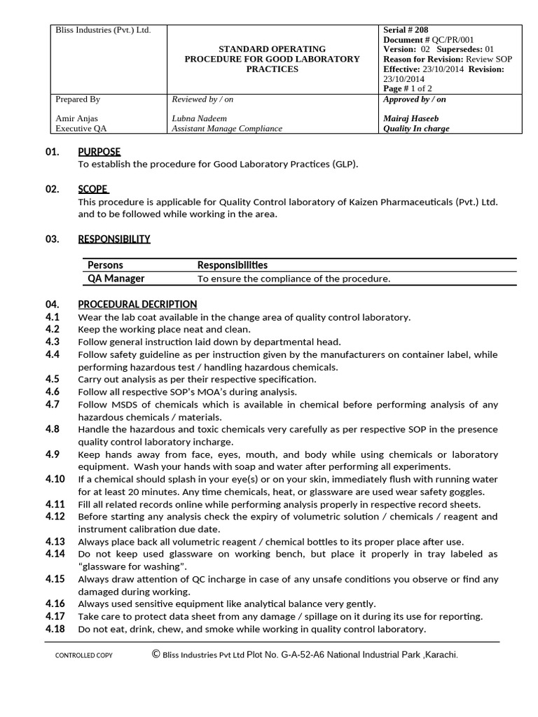 208-SOP for Good Laboratory Practices Version 2 | PDF | Safety