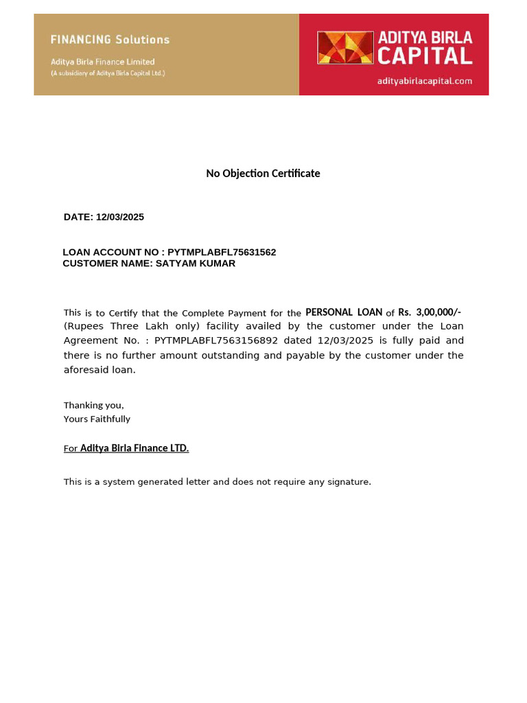 Aditya Birla Finance NOC Certificate | PDF