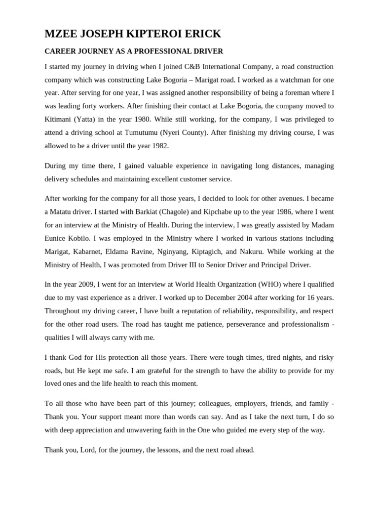 Mzee Joseph Kipteroi Erick - Career Journey As A Professional Driver | PDF | Worship | Torah Books