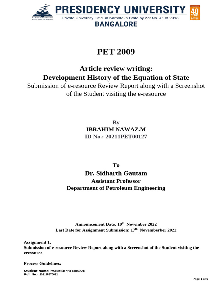 Article Writing Mohamed Naif Nihad Ali 20211pet0012 | PDF | Gases | Thermodynamics