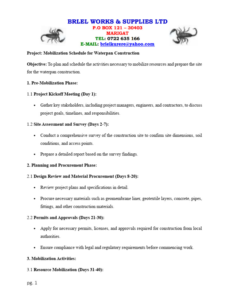 Waterpan Construction Mobilization Plan | PDF