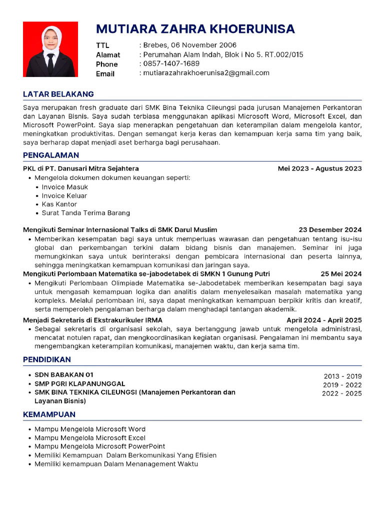 CV Mutiara Zahra Khoerunisa | PDF