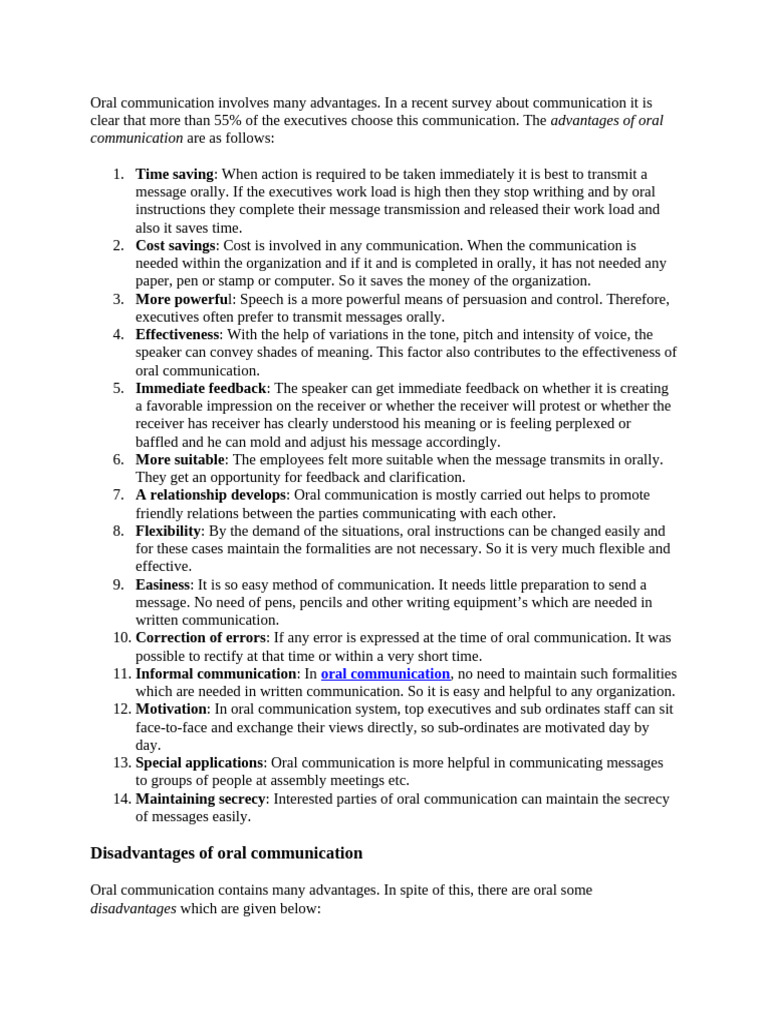 Advantages and Disadvantages of Oral Communication | PDF ...