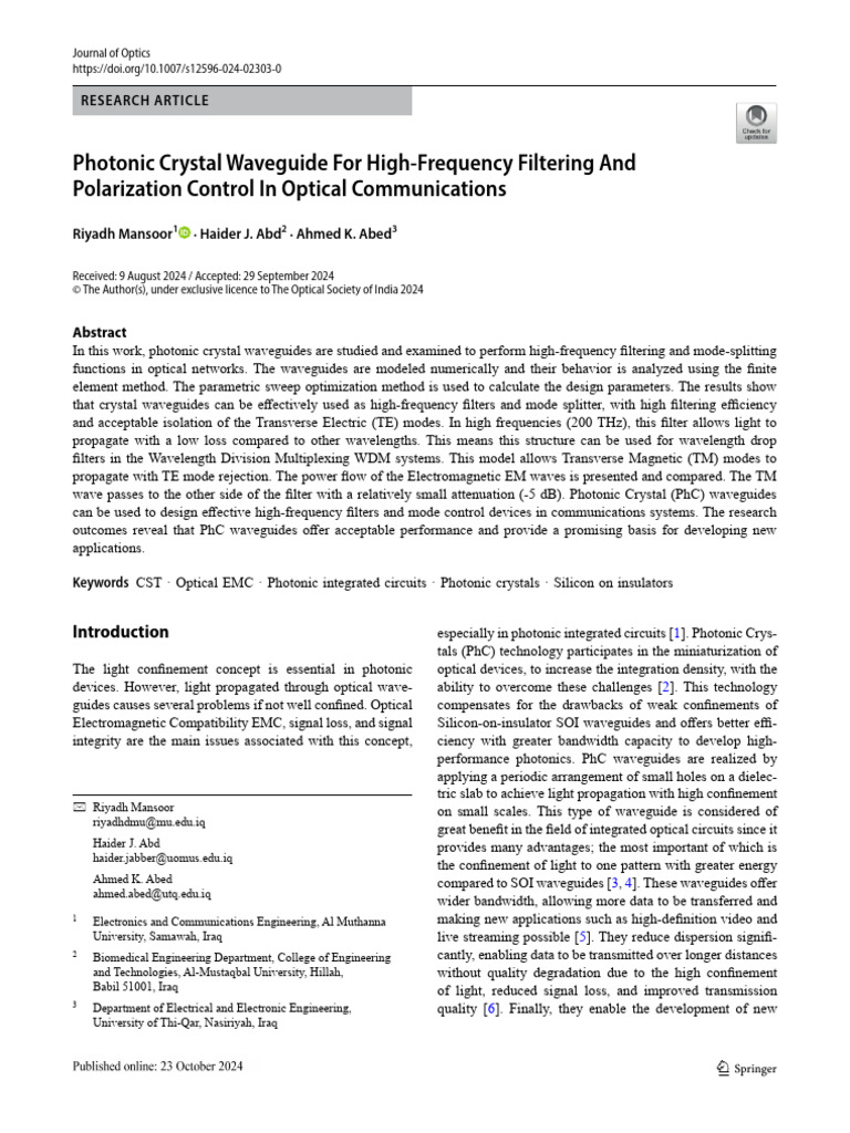 Photonic Crystal Waveguides for High-Frequency Filtering | PDF | Waveguide | Optical Filter