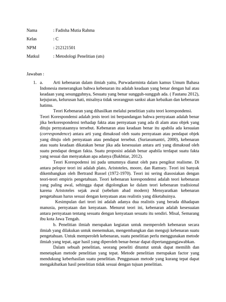 501 - Fadisha Mutia Rahma - Uts - Metodologi Penelitian | PDF