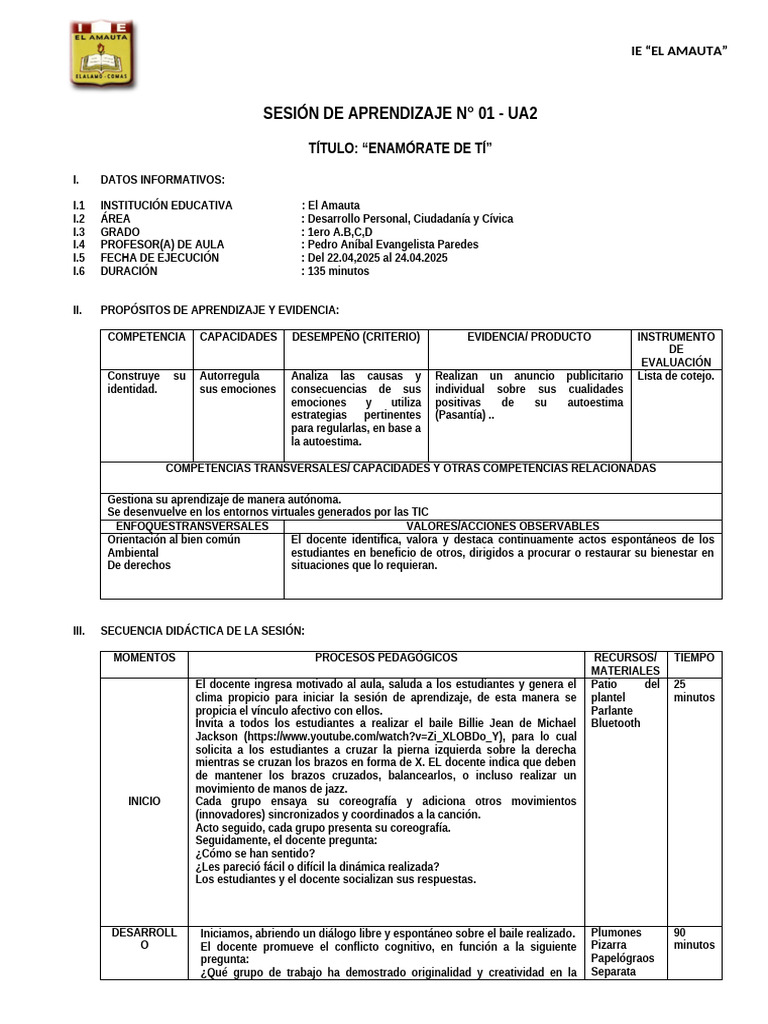 SESIÓN DE APRENDIZAJE DE DPCC - AUTOESTIMA PAEP 2025 | PDF | Aprendizaje | Maestros