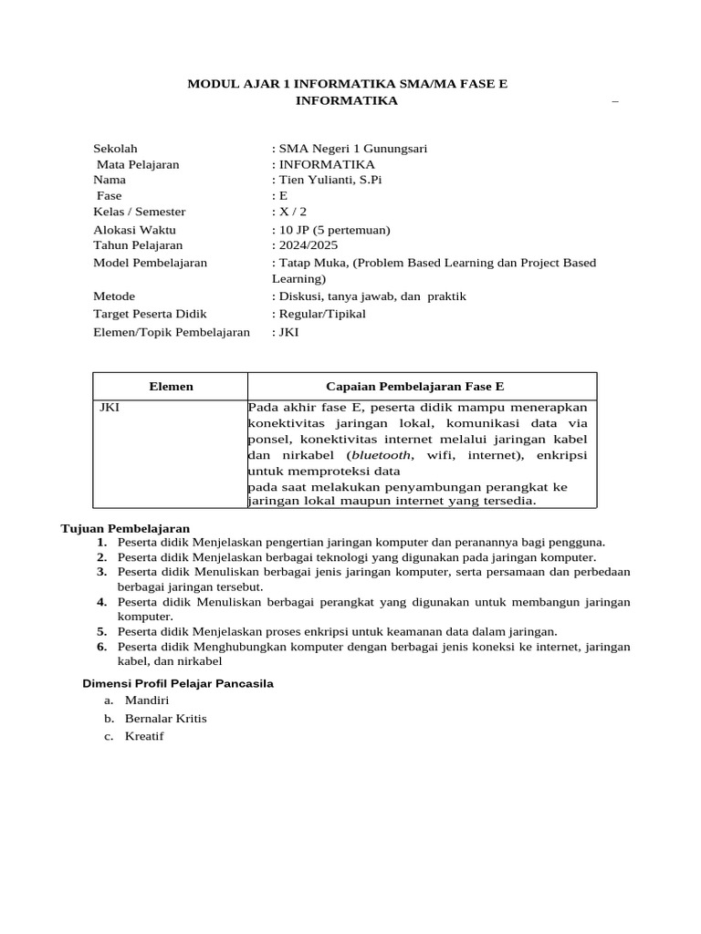 Modul Ajar 1 Informatika Jaringan Komputer Dan Internet (TIEN FIX) | PDF