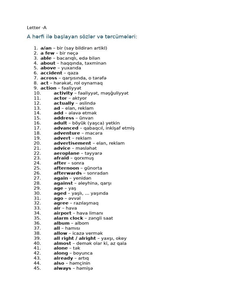 A2 Level Vocab | PDF