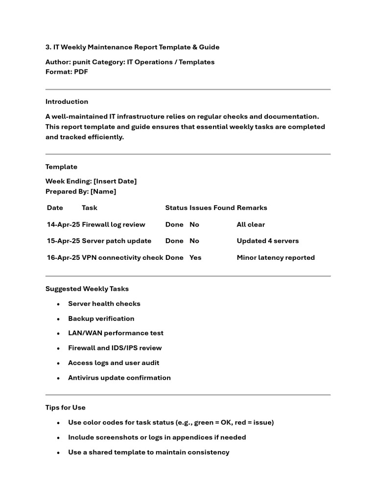 IT Weekly Maintenance Report Template & Guide | PDF