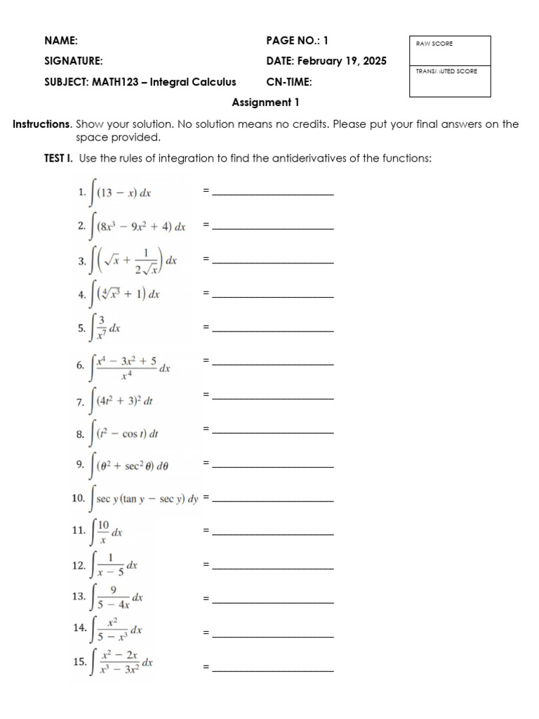 MATH123 INTEGRAL CALCULUS DAY 5 Assignment 1 Word 2024 2025 | PDF