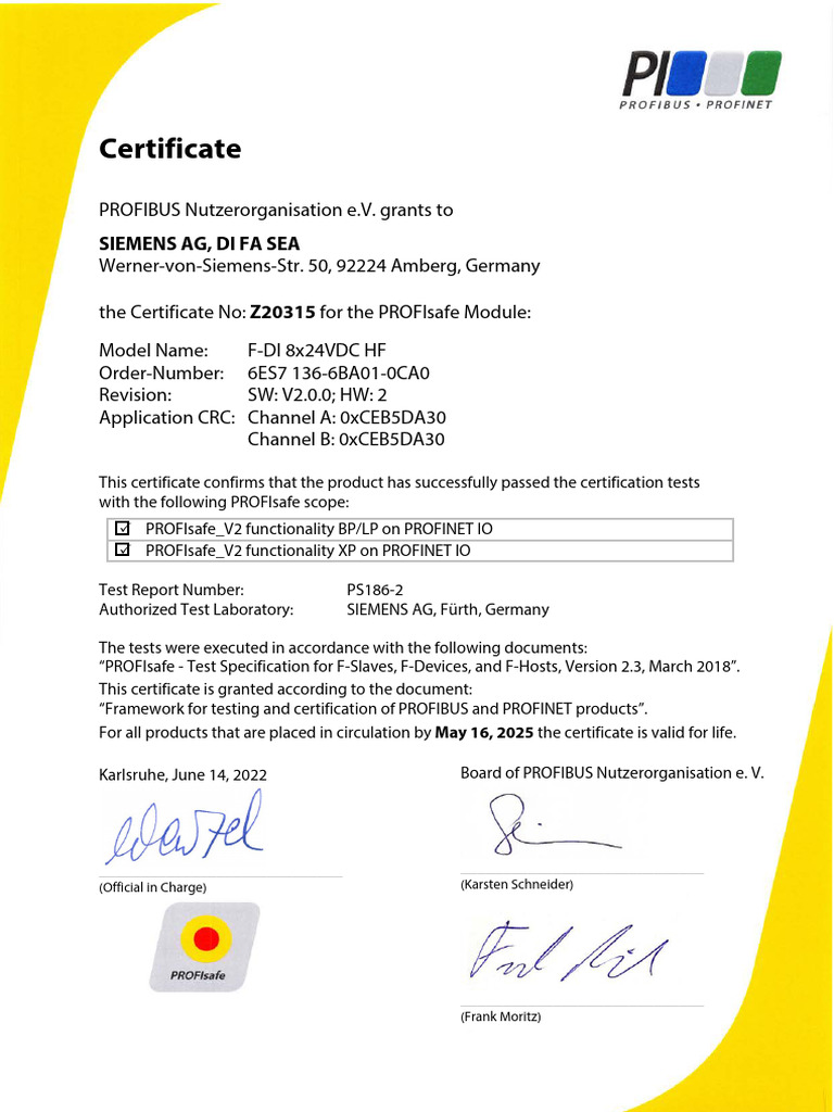 PROFIsafe Certification for F-DI Module | PDF