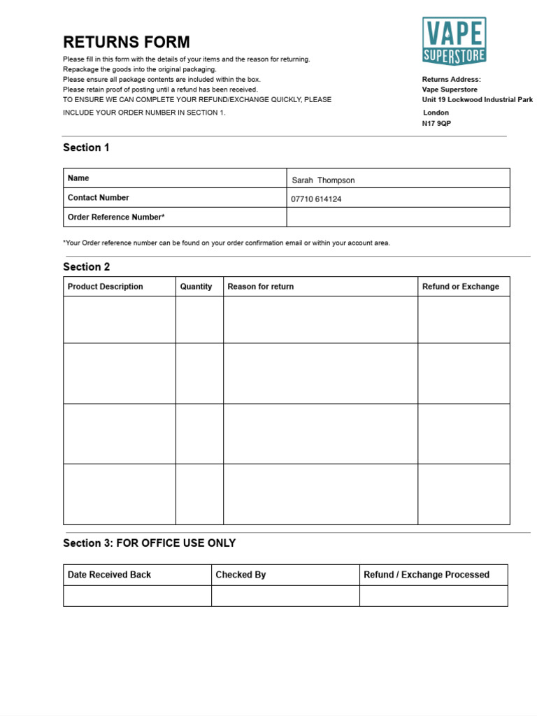 Vape Superstore Returns Form | PDF
