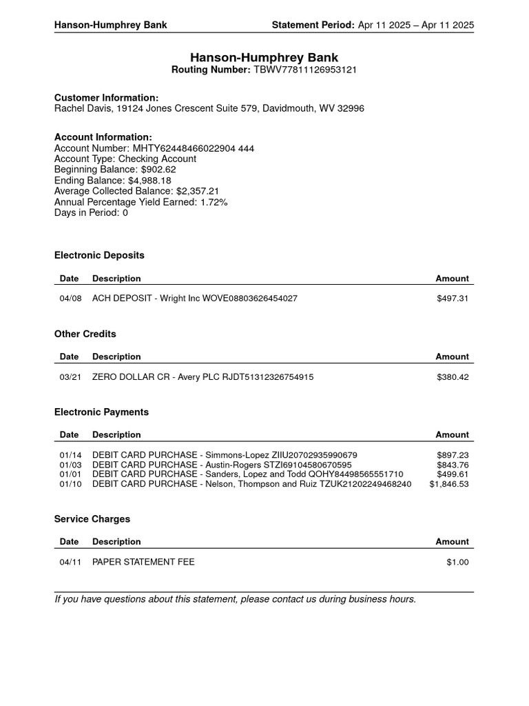 Hanson-Humphrey Bank Statement Period | PDF