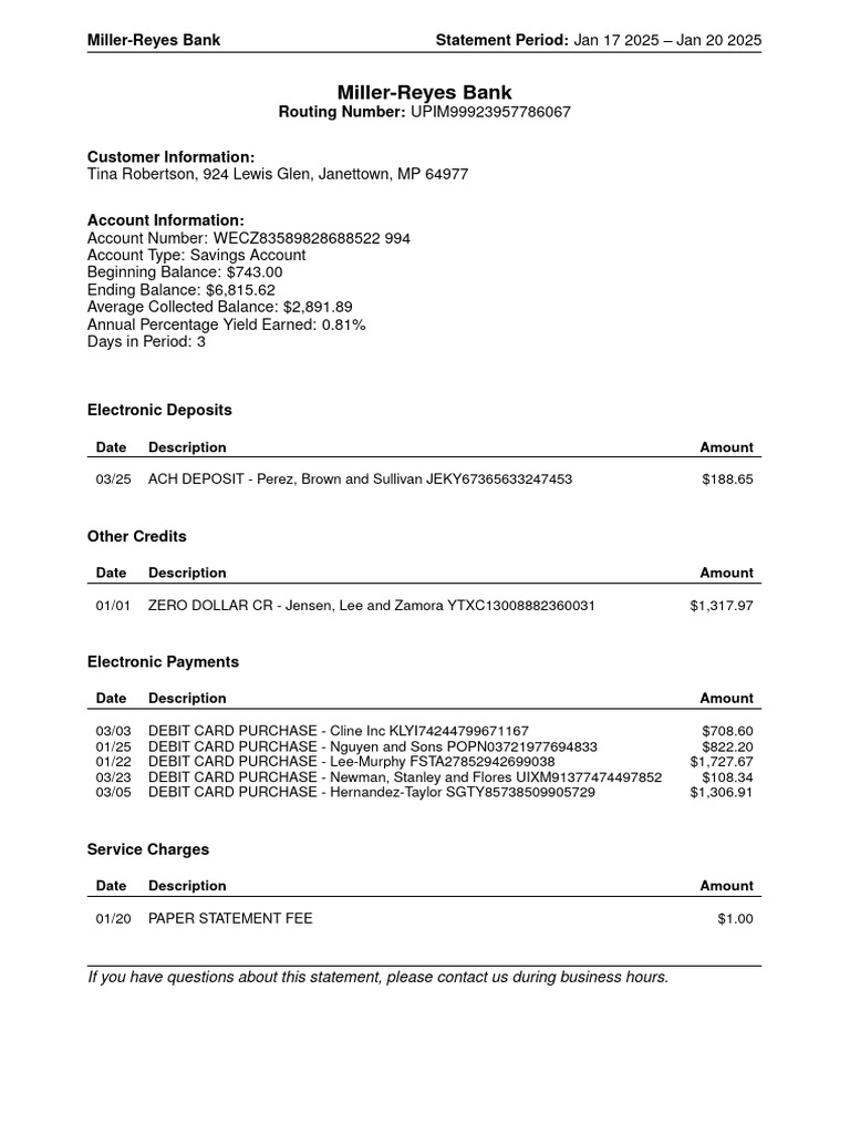 Miller-Reyes Bank Savings Statement Summary | PDF
