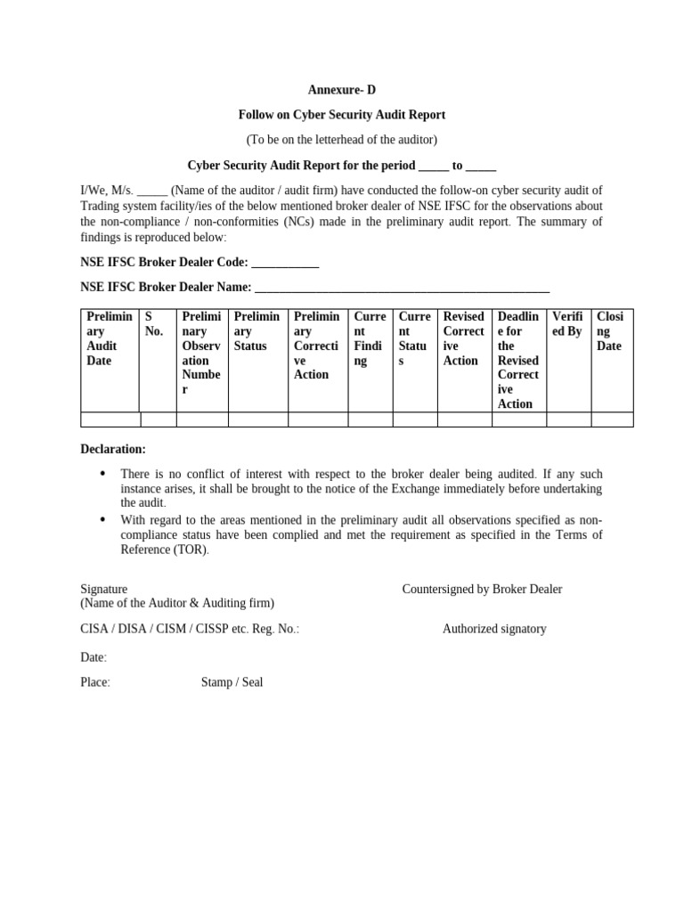 Annexure D_Follow-on Audit Report Format | PDF | Accounting | Business
