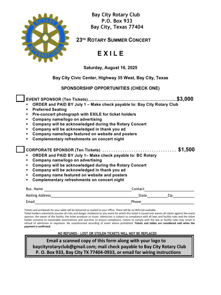2025 Rotary Summer Concert Sponsor Form | PDF