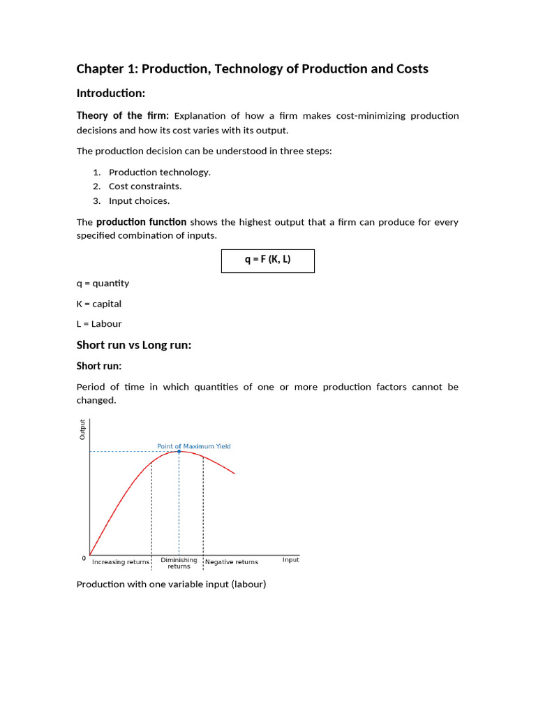 Chapter 1 Production, Technology of Production and Costs | PDF