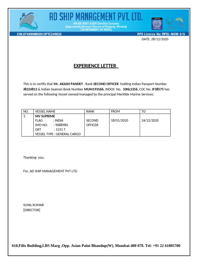 Deck Crew Exp. Letter WK Selton | PDF
