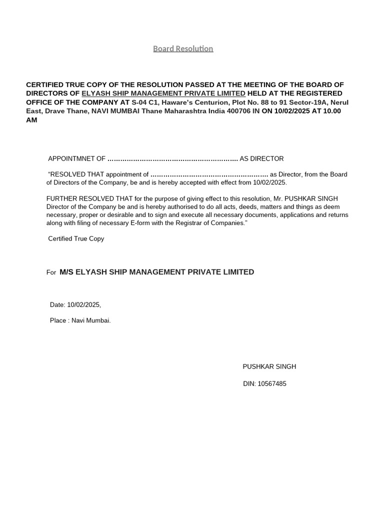 Board Resolution Appointment | PDF