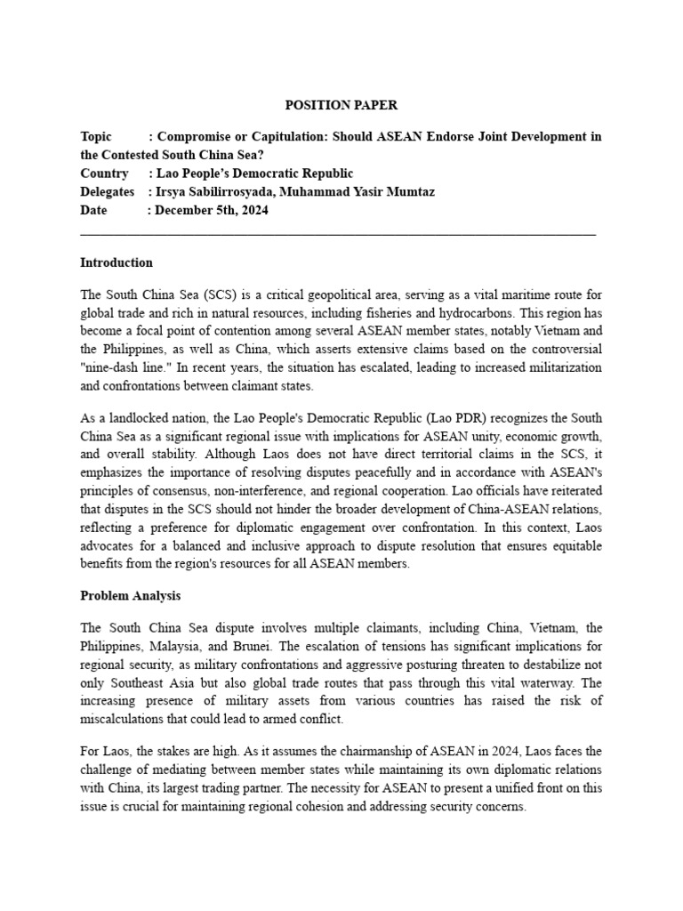 POSITION PAPER LAOS - Week 16 | PDF | South China Sea | International Law
