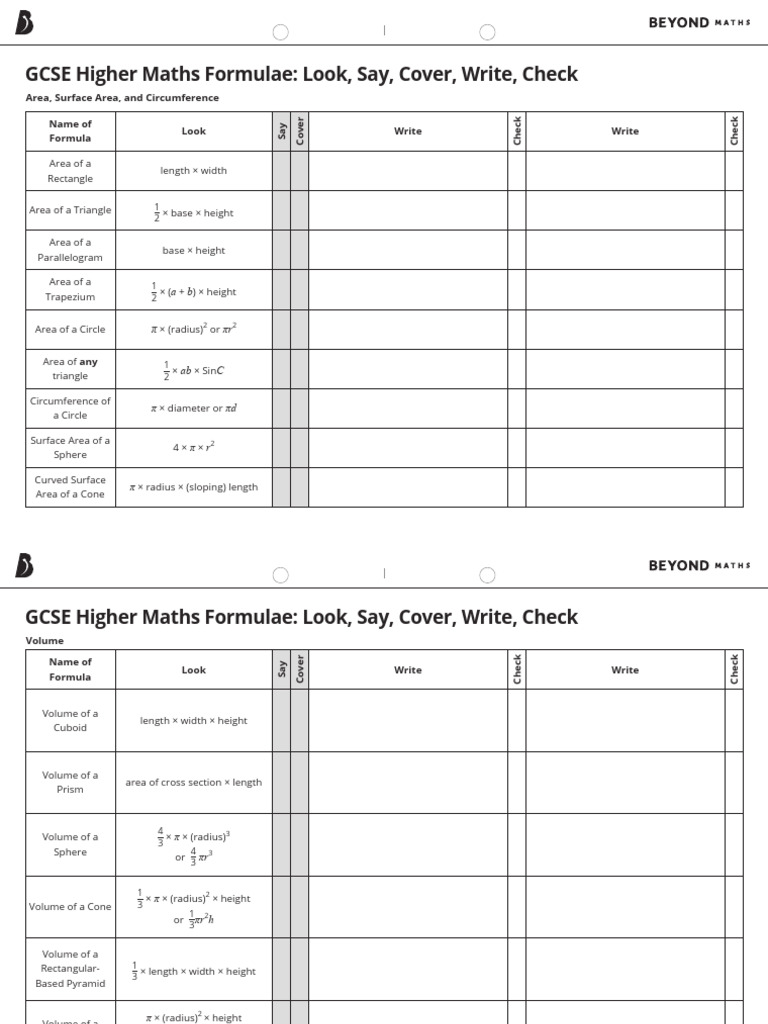 GCSE Higher Maths Formula Sheet | PDF | Area | Geometric Shapes