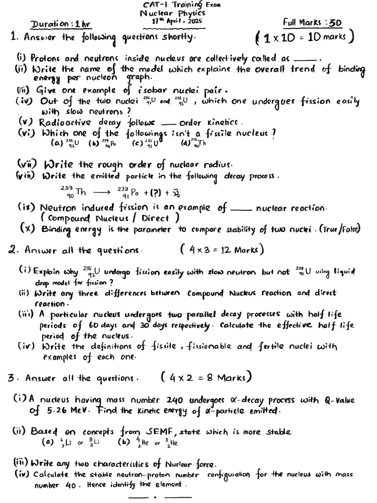 Nuclear Physics Exam Questions and Answers | PDF | Nuclear Fission ...
