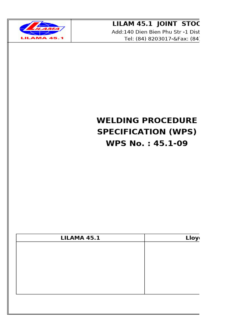 Welding Procedure Specification (WPS) WPS No.: 45.1-09: Lilam 45.1 ...